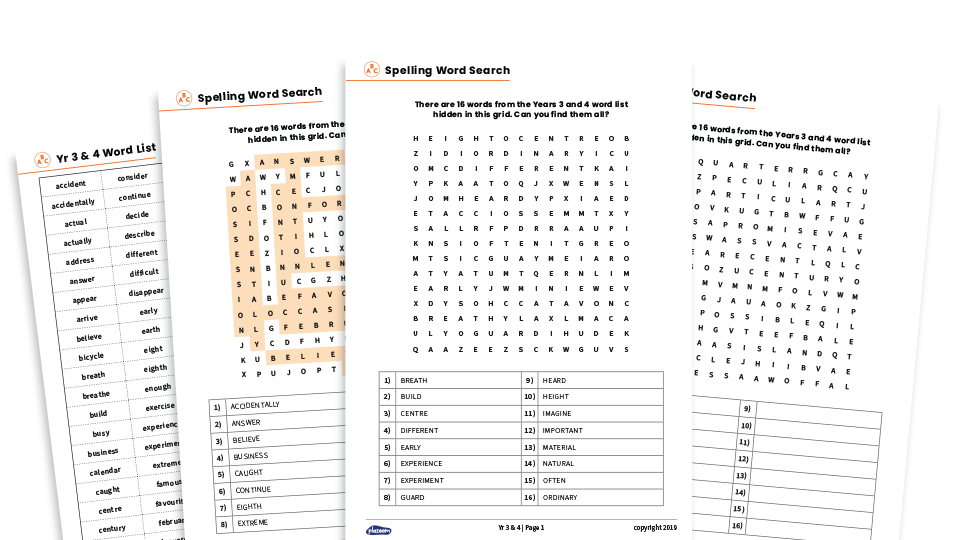 Year 3 and 4 Spelling List – Word Search Revision Pack | Plazoom