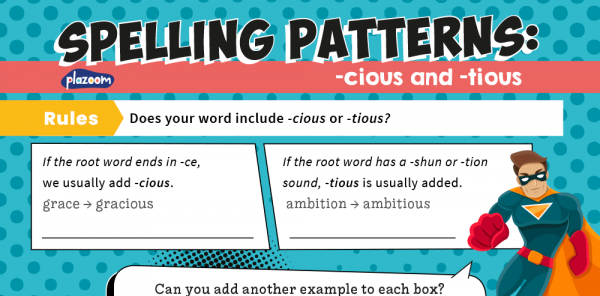 KS2 Spelling Worksheet – ‘-cious’ and ‘-tious’ words | Plazoom