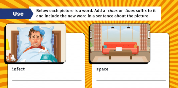 KS2 Spelling Worksheet – ‘-cious’ and ‘-tious’ words | Plazoom