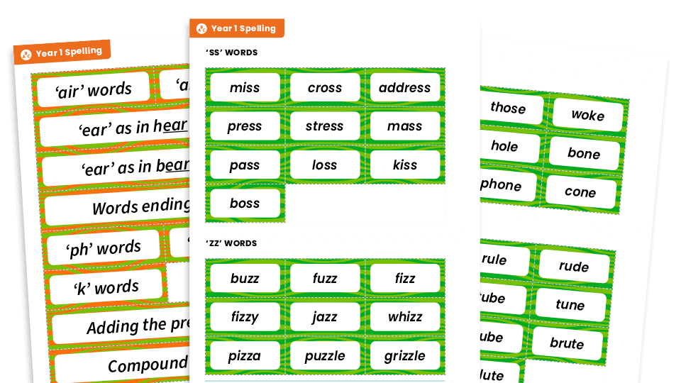 Year 1 Spellings and Patterns – Word Cards and Activities Pack | Plazoom