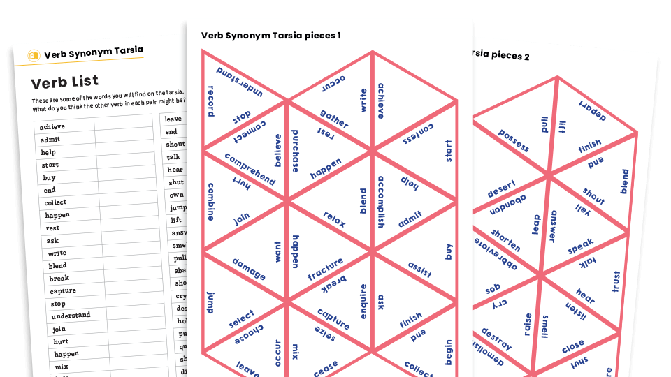Verb Synonyms KS2 Tarsia Puzzle and Worksheet | Plazoom