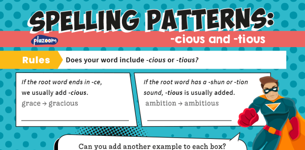 KS2 Spelling Worksheet – ‘-cious’ and ‘-tious’ words | Plazoom