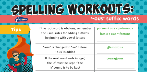 -ous Suffix Year 3/4 Spelling Worksheets Pack | Plazoom