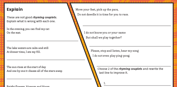 KS2 Poetic Techniques - Rhyming Couplets Worksheets | Plazoom
