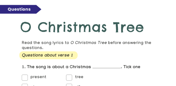 O Christmas Tree Lyrics - Key Stage 1 Comprehension Worksheets | Plazoom