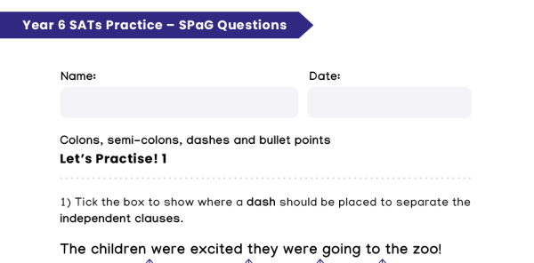Year 6 SATs Practice - SPaG questions - Semi-colons, colons, dashes and ...